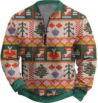 Generic Chandails pour homme - Pull Père Noël amusant - Imprimé de Noël - Manches longues - Fermeture éclair - Haut de Noël décontracté pour les vacances dhiv