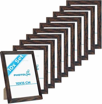 Photolini Bilderrahmen 10x15 Eiche Dunkel aus MDF-Holz, 10er Set Poster-Rahmen, bruchsicheres Acrylglas, zum Aufhängen & Aufstellen, extra Zubehör - für Fotos &
