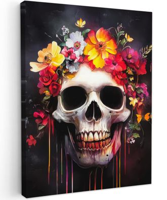 MuchoWow &copy; Bilder 30x40 cm Wohnzimmer Deko Modern Wandbild Kunstdruck auf Leinwand Bild Schlafzimmer &uuml;ber Bett Room Decor Geschenke Sch&auml;del - Blumen - Totenkop