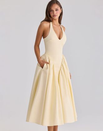 House of CB Marilyn - Midi-Sommerkleid aus Baumwolle in Zitronengelb mit Neckholder