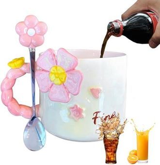Generic Tasse De Caf&eacute; Floral - 500 Ml De Grande Tasse De C&eacute;ramique &Agrave; Fleurs 3D Avec Cuill&egrave;re | Drinkware Esth&eacute;tique Pour La Maison, Le Caf&eacute; Et Le Jardin | Mig