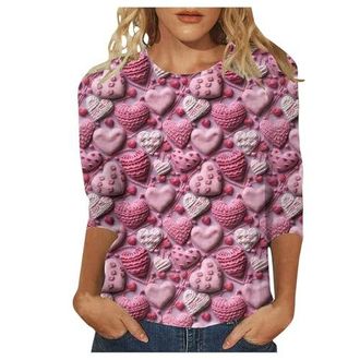 Generic T-shirt d&eacute;contract&eacute; &agrave; col rond et manches trois-quarts imprim&eacute; pour la Saint-Valentin 2026, multicolore, XXL