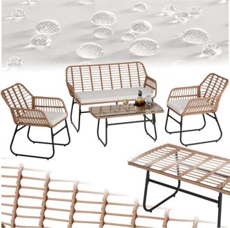 TecTake Outdoor Rattan Sitzgruppe, Möbel, Balkonmöbel, Gartenmöbel Set mit 1x Gartenbank, 2X Stühle + Tisch, Balkonmöbelset für Garten, Terrasse, Balkon - Nat