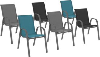 IDMarket Idmarket - Set aus 6 stapelbaren Gartenst&uuml;hlen lyma aus Metall und Textilene in Grau, Schwarz und Blau
