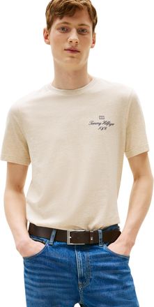 Tommy Hilfiger Herren T-Shirt Kurzarm Outline Script Tee Regular Fit, Beige (Heathered Oatmilk), M