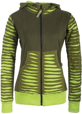 vishes Alternative Bekleidung - Damen Patchworkjacke Kapuzenjacke Hoodie Baumwolle Cutwork Streifen Olive 46-48