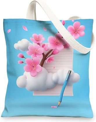 Generic Sac fourre-tout en toile motif fleurs de cerisiers, jolis sacs de courses réutilisables, sacs légers à bandoulière bleu 33 x 38 cm