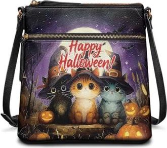 Hugs Idea Sac à bandoulière en cuir pour femme, sac à main dHalloween, cadeaux de vacances, Happy Halloween Cat, Taille unique