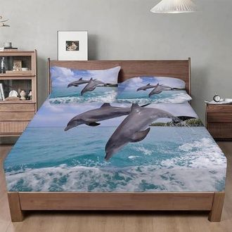 Generic Drap Housse 140x190 Dauphin, 3D Dauphin Drap-Housse 140 x 190, Drap Plat 2 Personnes, Drap Housse Enfant Adulte avec 2 Taies doreillers pour Matelas &Eacute;