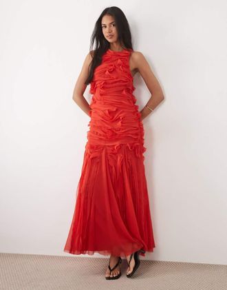 Asos Robe longue sans manches &agrave; volants - Rouge-Pas de couleur