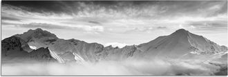 Paul Sinus Art Leinwandfoto als Panorama SCHWARZ/WEISS 150x50cm Berge Wald Schnee Nebel Abend