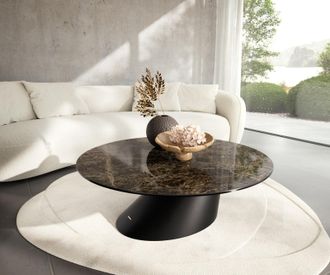 DELIFE Couchtisch Edge Rund 100x100 cm Keramik Emperador Extra Lucidato Dunkelbraun Conis Metall Schwarz, Couchtische