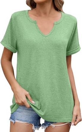 Generic Haut uni à manches courtes pour femme facile à porter - Tendance et décontracté - Couleur unie - Col en V - T-shirt ample à manches courtes - Vêtement