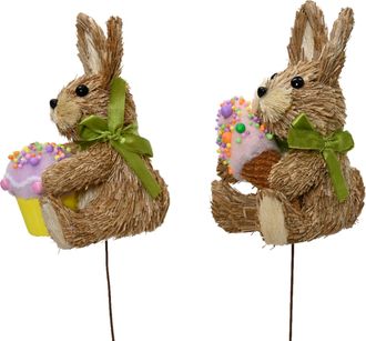 Decoris Dekofigur Hase Stroh 52cm am Stab mit Dessert 1 Stück Sortiert - Dekohase zum Stecken für Ostern Frühling - Osterstecker Dekostecker - Osterhase als O