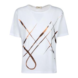 Herno Femme, Tops, Blanc, Taille: 40 FR T-shirt blanc avec imprim&eacute; feuille bronze