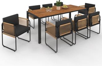 IDMarket Salon de jardin RIO table 190 CM et 8 chaises structure m&eacute;tal noir, cordage effet rotin clair et coussins noirs