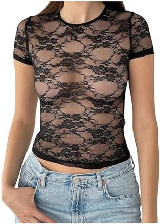 Generic Haut court transparent pour femme 2025 dos nu athl&eacute;tique mignon ample demi-chemises d&eacute;t&eacute; transparentes coupe ample tendance Y2K T-shirt court d&eacute;contra