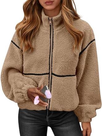 Generic Manteau Sherpa surdimensionn&eacute; confortable &agrave; fermeture &eacute;clair pour femme Automne Hiver Mode D&eacute;contract&eacute; Chaud Col montant Veste dext&eacute;rieur avec poches,