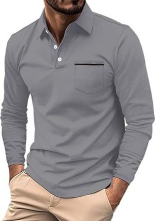 Generic Polo pour homme, col basculant, t-shirt Henley, manches longues, couleur unie, chemise formelle avec poche poitrine, coupe confortable, 1/4 bouton, t-