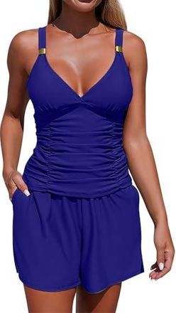 Generic Maillot de bain tankini pour femme - Maillot de bain deux pi&egrave;ces avec short - Maillot de bain pour petites filles - Taille 6, 6X, bleu, XL