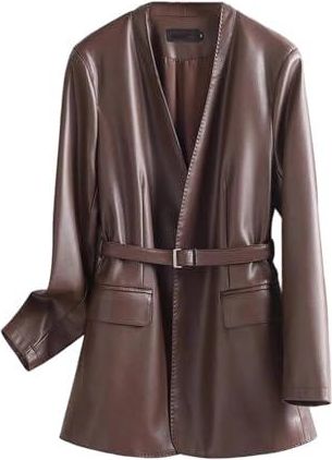 Generic Veste en cuir pour femme - Printemps Automne Col V Manches Longues Ouverture Avant Lacets Slim Taille Trench Coat, 1, M