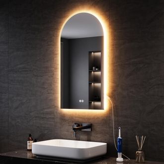 Sonni Badezimmerspiegel mit Beleuchtung Bogen 90x50 cm, LED Badspiegel mit Steckdose + Touch-Bedienung + Anti-Beschlag + 3 Farben, Dimmbar & Stromausfallged