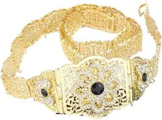 Generico Ceinture caftan marocaine dor&eacute;e, ceinture de mari&eacute;e en m&eacute;tal arabesque, ceinture de mari&eacute;e arabe r&eacute;glable (noir)