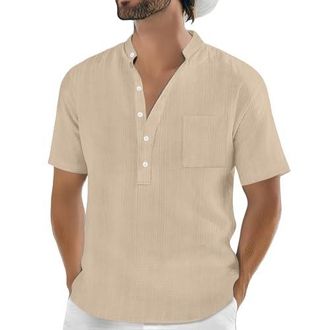 Generic Chemise en coton et lin pour homme - Hauts de sport 2026 - D&eacute;contract&eacute; et tendance - Couleur unie - Noeud imitation lin - T-shirt ample &agrave; manches cour