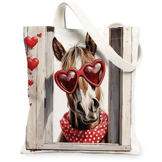 Generic Sac fourre-tout en toile motif chevaux pour faire du shopping 33 x 38,1 cm, sac &agrave; bandouli&egrave;re r&eacute;utilisable pour la Saint-Valentin, sac d&eacute;picerie r&eacute;uti