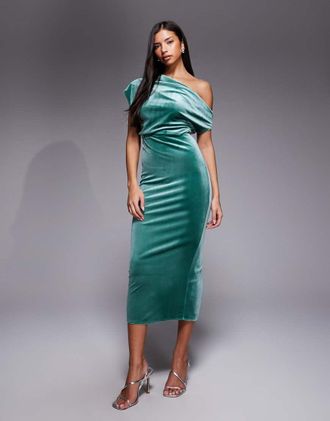 Asos Midikleid aus Samt in Gr&uuml;n mit markantem Dekollet&eacute;