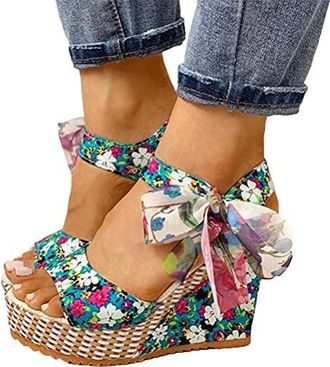 Onsoyours Sandales à Talons Hauts Femme Plateforme Été Sandales À Fleurs Compensées Bout Ouvert Rome Chaussures pour Plage Vacances A Bleu 35 EU