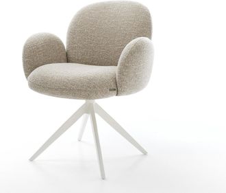 DELIFE Drehstuhl Nube-Flex mit Armlehnen Webstoff Soft Beige Kreuzgestell breit Wei&szlig; 360&deg; drehbar Wippfunktion Taschenfederkern, Esszimmerst&uuml;hle