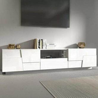 Dmora TV-St&auml;nder Velio, niedriges Wohnzimmer-Kommode mit 2 T&uuml;ren und 1 Schublade, TV-St&auml;nder-Basis, 150x44x46 cm, gl&auml;nzendes Wei&szlig;