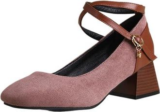 SJJH Chaussures Mary Jane bicolore pour femme | Talon bloc de 5 cm et sangle crois&eacute;e | Pointe carr&eacute;e pour le bureau et les loisirs, Rose, 42 EU