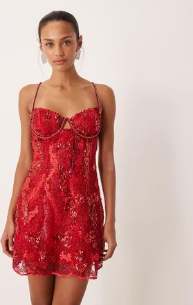 For Love & Lemons Pailletten-Minikleid in Rot mit B&uuml;gel-Cups und Blumenmuster
