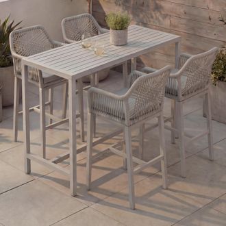 Mendler Set Bartisch + 4X Barhocker HWC-P91, Barstuhl Stehtisch, Outdoor Sitzpolster Seilgeflecht Metall - hellgrau