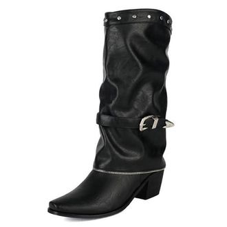 Generic Bottes de moto western cowgirl pour femme - Avec boucle et fermeture &eacute;clair - Talon &eacute;pais clout&eacute; - Bout carr&eacute;, Noir, 37 EU
