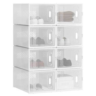 Woltu Schuhregal mit 8 stapelbaren Schuhboxen Schuhschrank Regalsystem mit Magnetverschluss Steckregal aus Kunststoff DIY 25x19x35 cm transparent wei&szlig;