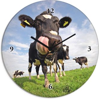 Artland Wanddeko Wanduhr ohne Tickgeräusche Glas Funkuhr Ø 30 cm Rund Lautlos Tiere Kuh Lustig Ländlich Hipster Originell Landhaus T5WJ