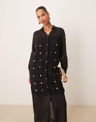 Never Fully Dressed Geh&auml;keltes Longline-Hemdblusenkleid in Schwarz