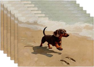 Generic Platzsets Dackel Hund Strand Braun Sommer Dekorative Platzsets f&uuml;r Esstisch rutschfest Waschbar Indoor Outdoor Party Geschirr 6er Set
