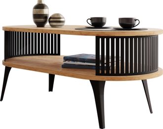 Mirjan24 Couchtisch mit Ablage Rajkon, Ovale Form, Metallbeine, Kaffeetisch, Wohnzimmertische, Beistelltisch, Sofatisch, Teetisch (Eiche Craft Gold, Schwarz)