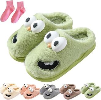 Generic Pantoufles amusantes antid&eacute;rapantes pour couple avec grand oeil et langue de chien, chaussons dhiver en polaire pelucheuse, Vert, 39/39.5 EU