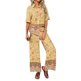 Generic Ensemble de sport 2 pi&egrave;ces pour femme - Col en V - Manches courtes - Pantalon court - Surv&ecirc;tement pour femme, jaune, XL