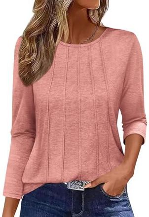 Onsoyours Tee Shirt Femme Manches 3/4 Plissée Col Rond T-Shirt Ete Décontracté Haut Basic Top A Corail M