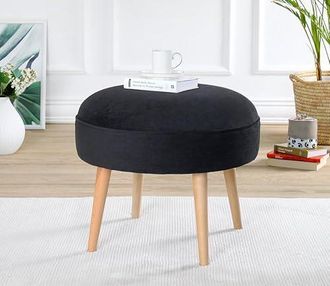 Atelier Del Sofa Stylish Black Pouffe, 100% Beech Wood Legs, 35 DNS Orthopedic Sponge (6 cm Thick), 52 cm Diameter, 44 cm Height | Perfect for Modern Living Spaces
