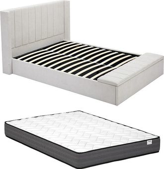 Vente-Unique Lit coffre 140 x 190 cm Avec Banc - Tissu - Beige + Matelas - DOUINO