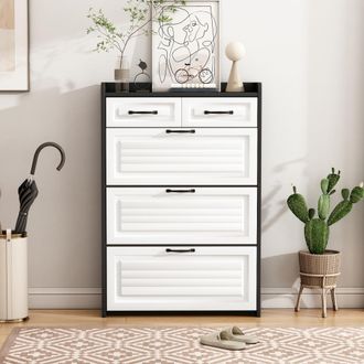 Generic Schuhschrank 80 cm weiß und schwarz mit 3 Klappen und 2 Schubladen verstellbare Böden Kippschutz für Flur und Eingang als Schuhkipper Garderobenschran