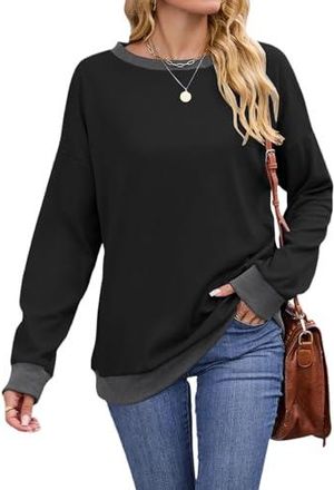 Generic Sweat-shirt d&eacute;contract&eacute; &agrave; blocs de couleurs pour femme, coupe ample, l&eacute;ger, manches longues, bordure c&ocirc;tel&eacute;e, tendance, Noir, XXL