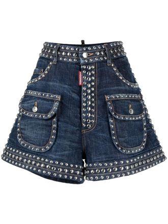 Dsquared2 short en jean &agrave; d&eacute;tails de clous - Bleu